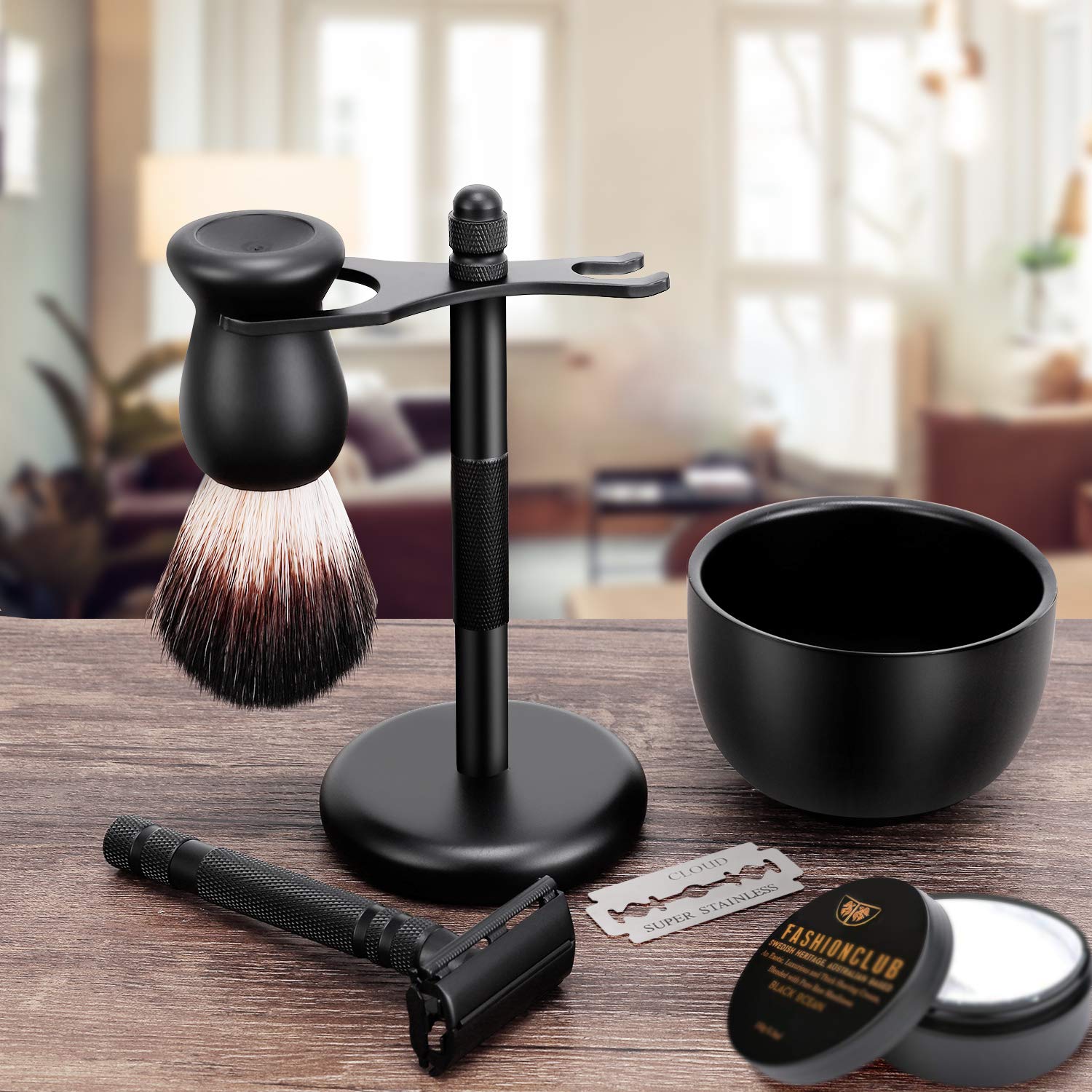 Amazing Safety Razor Shave Kit - Mysterious Black Men's Shaving & Grooming Sets - Butterfly Open Safety Razor,Friendly Brush,Great Shaving Stand,Shaving Soap Bowl, Super Stainless Blades