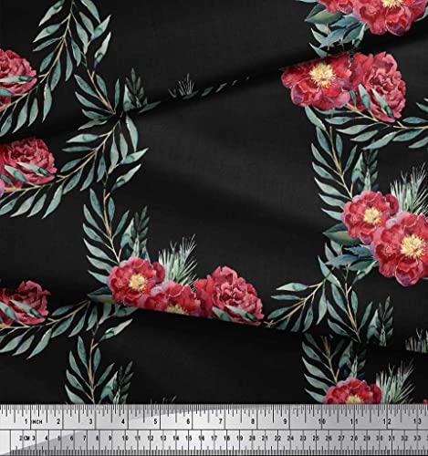 Soimoi Black Cotton Canvas Fabric Leaves & Peony Floral Print Sewing Fabric Yard 44 Inch Wide