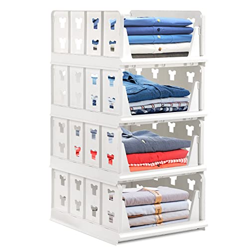 4 Pack Plastic Drawer Organizer, Stackable Wardrobe Storage Box, Foldable Clothes Shelf Baskets, Folding Containers Bins Cubes, Perfect for Kitchen, Office, Bedroom & Bathrooms (White)