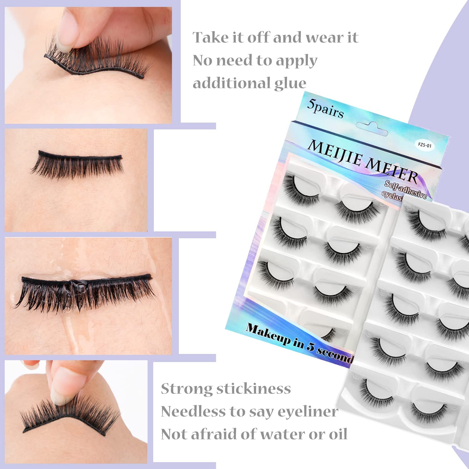 5 Pairs Self Adhesive Eyelashes, False Eyelashes No Glue No Eyeliner, False Lashes with Tweezers Natural Looking (natural lashes)