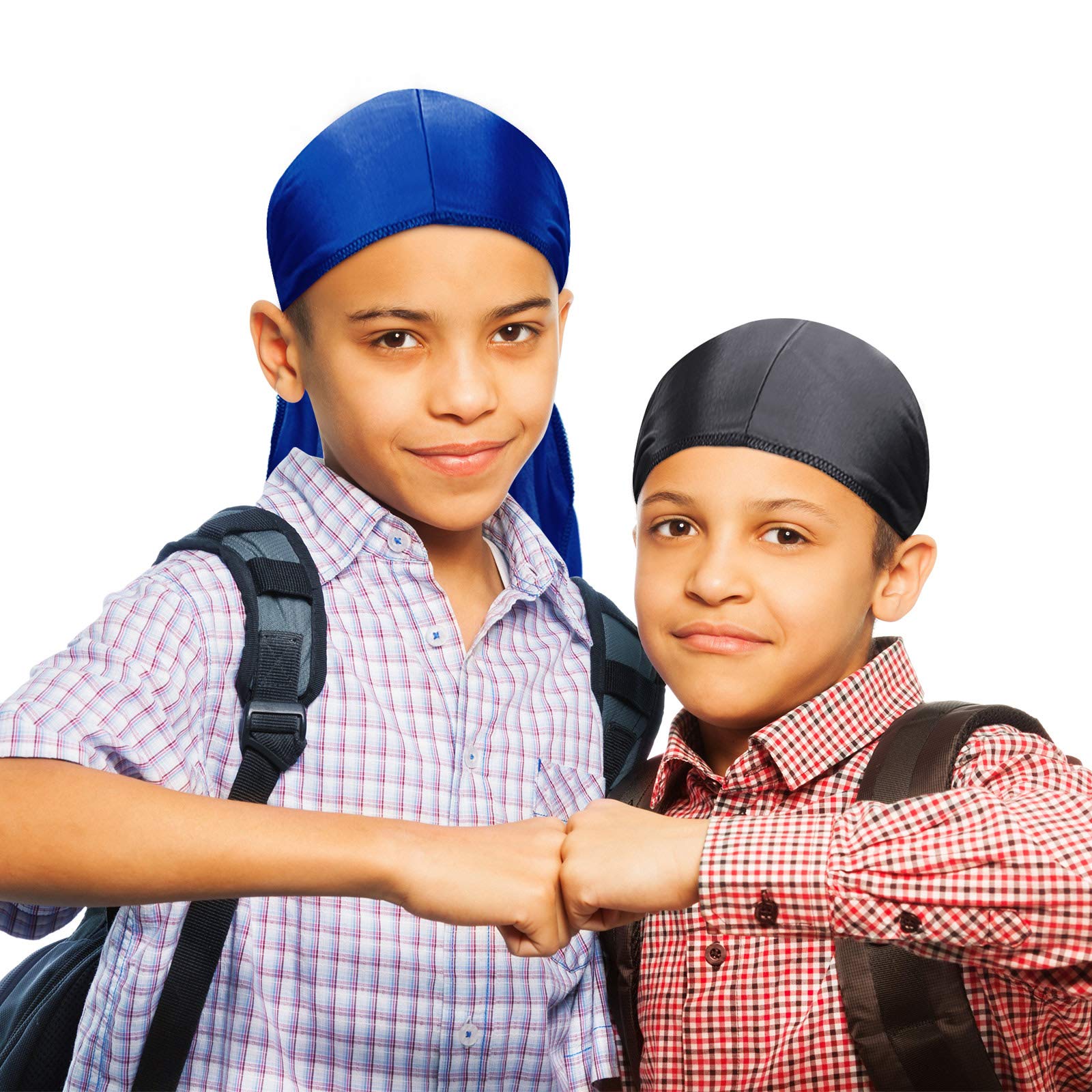 6 Pieces Kids Silky Satin Durags with Wave Caps Set Unisex 360 Wave Headwraps with Long Tail and Wide Straps (Silver, Black, Blue)