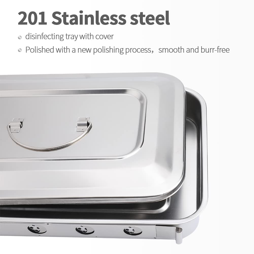 201 Stainless Steel Surgical Tray - Professional Dental Instrument Tray Medical Disinfection Dish with Lid & Recessed Handle Grip