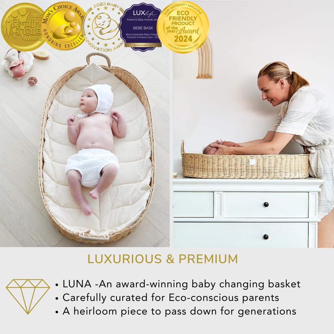 BEBE BASK Premium Baby Changing Basket - Artisan-Crafted Rattan with Extra High Sides - Wicker Changing Basket for Baby Dresser - All Accessories Included - Complete Set for Nursery (Rattan)