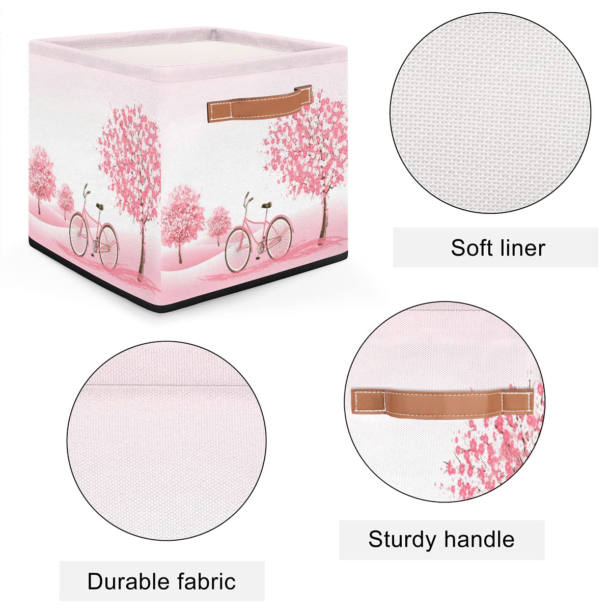 13x13x13 Storage Cube Bins Pink Bike Hearts Tree Fabric Storage Cubes 13 inch Collapsible Storage Bins Valentine's day Cubby Storage Baskets for Organizing Shelf Cabinet Bookcase Boxes