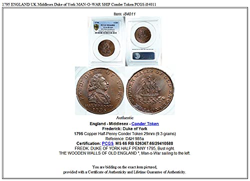 1795 unknown 1795 ENGLAND UK Middlesex Duke of York MAN-O-WAR Denomination_in_description MS 66 RB PCGS