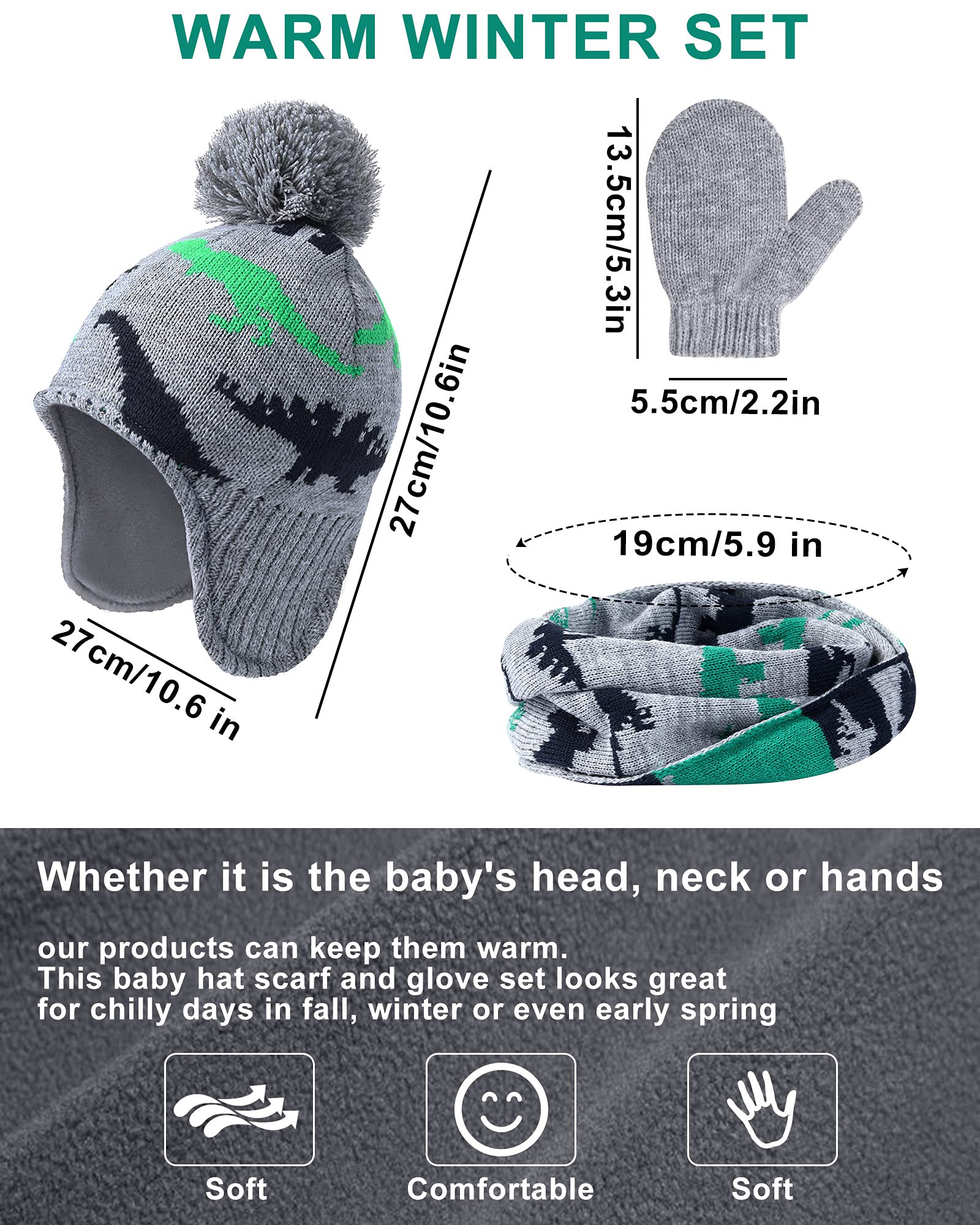 SATINIOR 6 Pieces Winter Boys Hat Dinosaur Warm Mittens Set Pompom Baby Knitted Hat Scarf Gloves Earflap Beanie (Stylish Color)