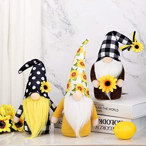 3 Pieces Summer Swedish Gnomes Decor Spring Buffalo Plaid Rustic Tiered Tray Decorations Plush Sunflower Ornaments for Home Garden Kitchen Decor