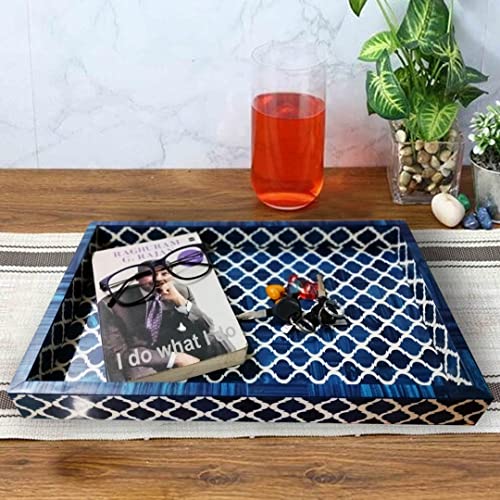 A Bone Exotic Designer Handmade Tray Kitchen Usage Coffee Table Top Drinks Serve Trays Vintage Square Blue Tray,12X12, Blue & White