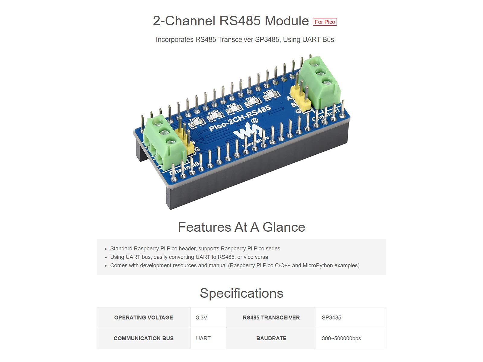 Waveshare 2-Channel RS485 Module Expansion Board for Raspberry Pi Pico, SP3485 Transceiver, UART to RS485, 300500000bps BAUDRATE