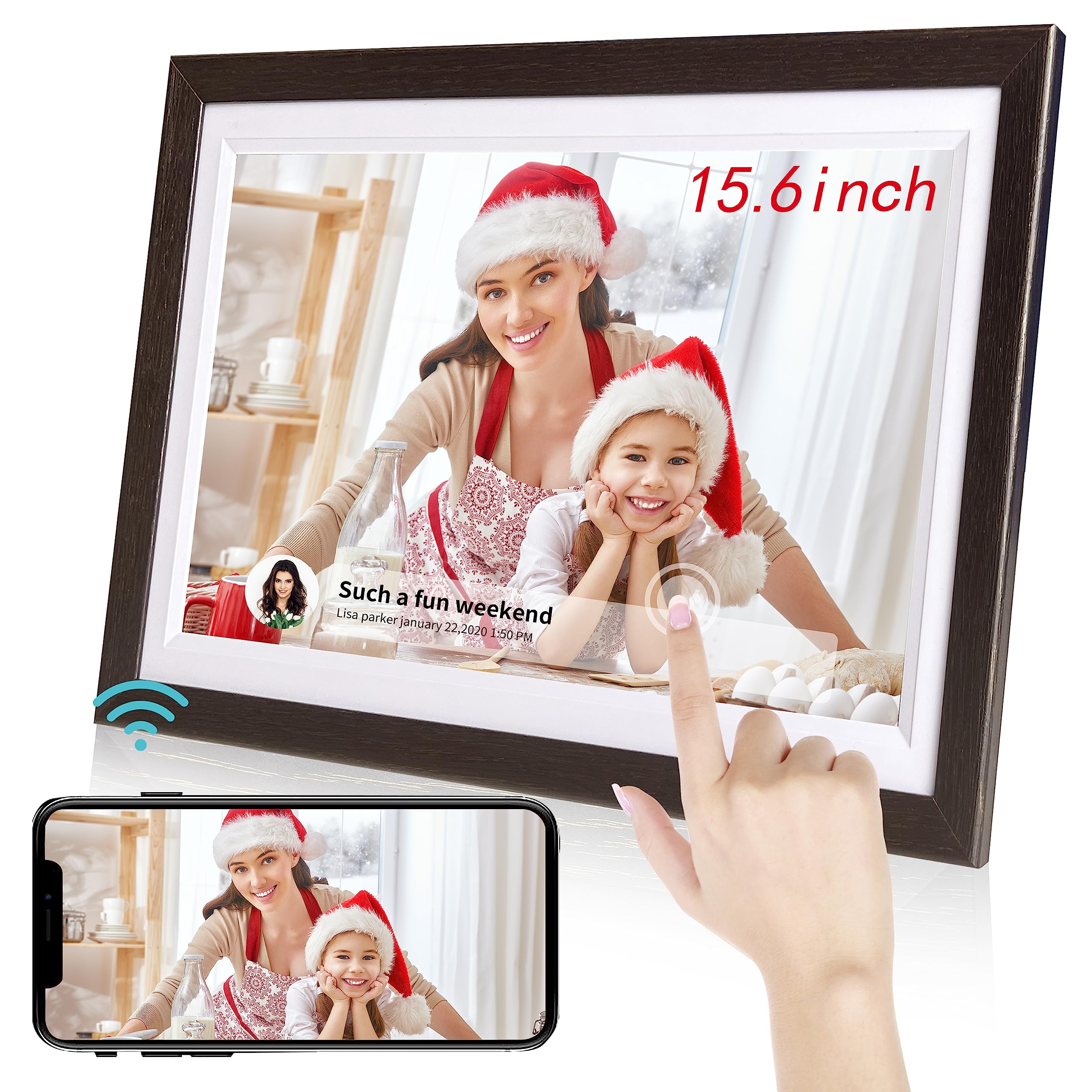 15.6 inch WiFi Digital Picture Frame 32GB Large Storage Digital Photo Frame, IPS HD 1080P Touch Screen Smart Photo Frame, Auto-Rotate, Wall Mountable, Easy Setup to Share Photos/Videos via Frameo APP