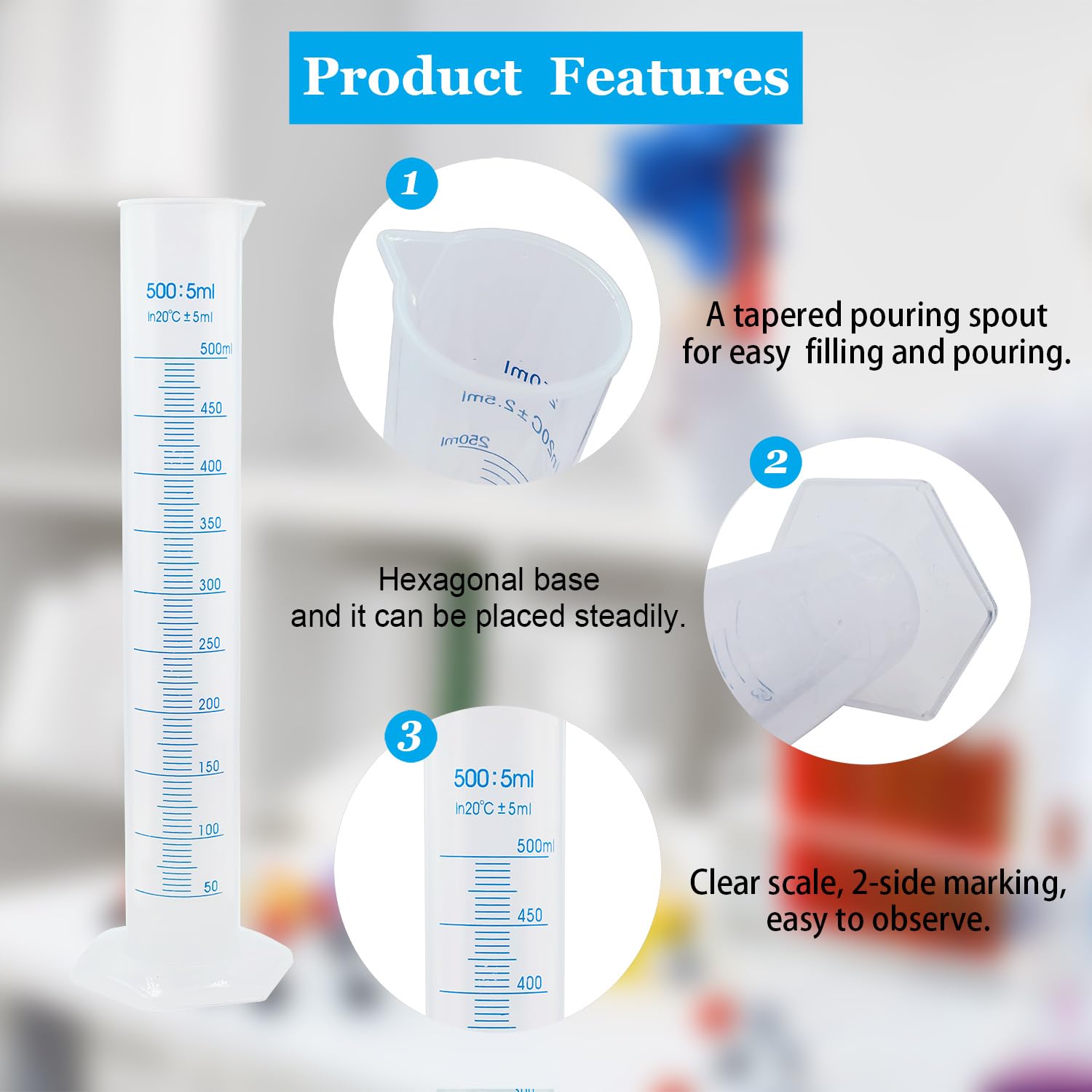 500ml Plastic Measuring Graduated Cylinder, Polypropylene Plastic, 2-Sided Marking, Ideal for Science, School and Home Lab, HUAOU, Pack of 1