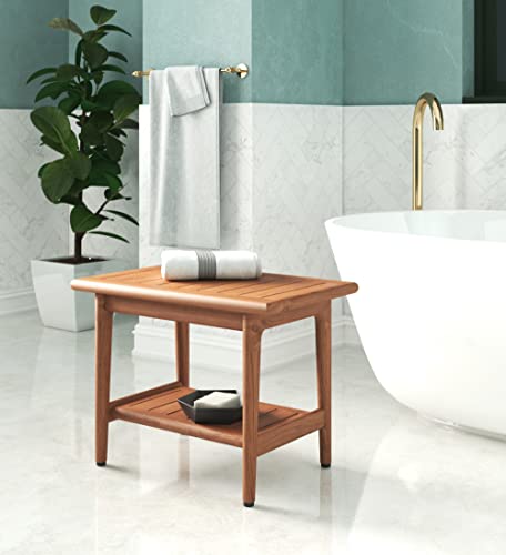 24" Maluku-Bjon Slatted Teak Shower Bench w/Shelf