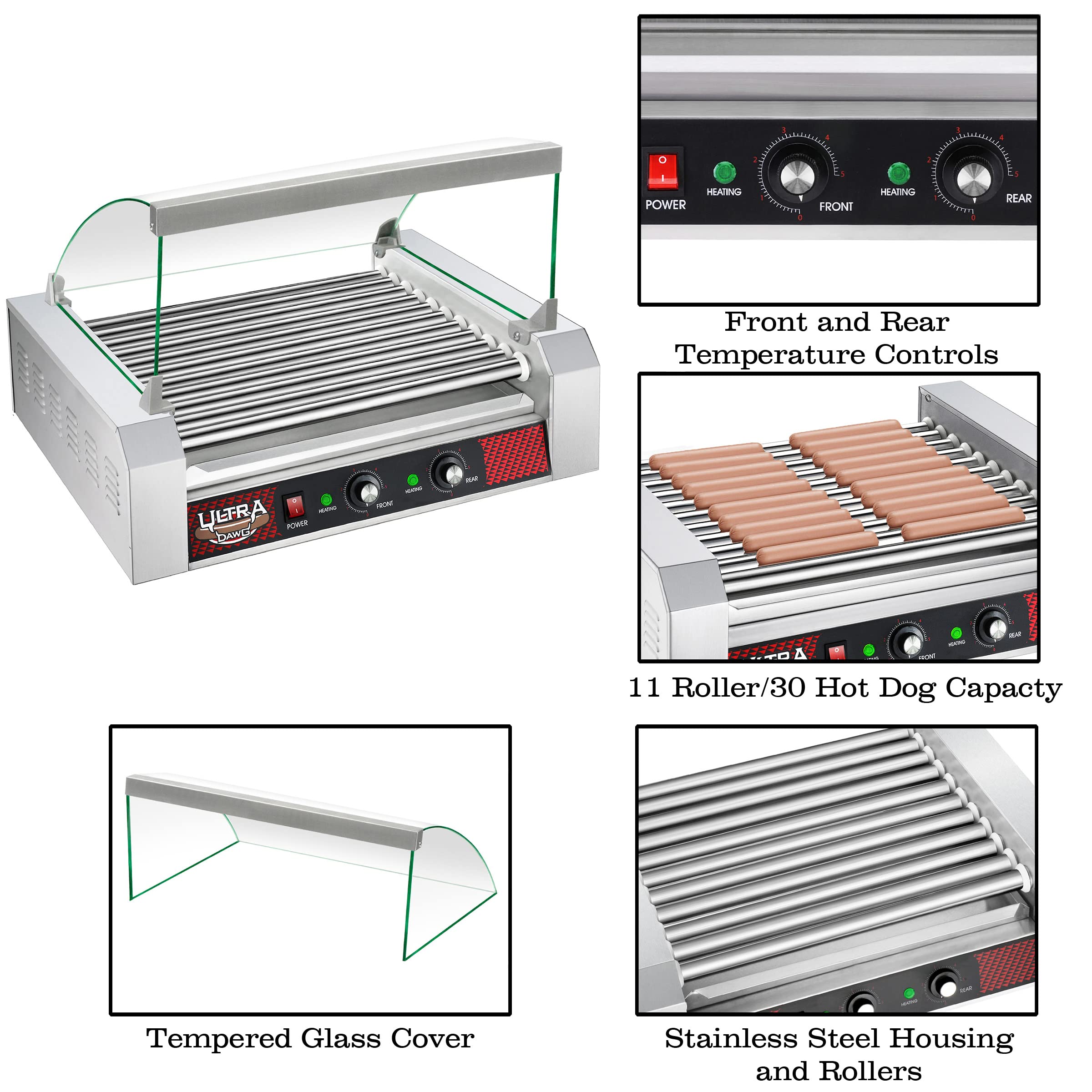 11 Roller Hot Dog Machine with Tempered Glass Cover β Countertop Hot Dog Roller Makes Up to 30 Hotdogs, Brats, or Sausages by Great Northern Popcorn