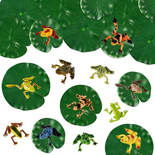 48 Packs Mini Plastic Frog Toys and Artificial Lily Pads, Include 24 Colorful Realistic Frogs Rainforest Animals Figures Character Toys and 24 Floating Foam Leaves for Pool Decor Party Favor