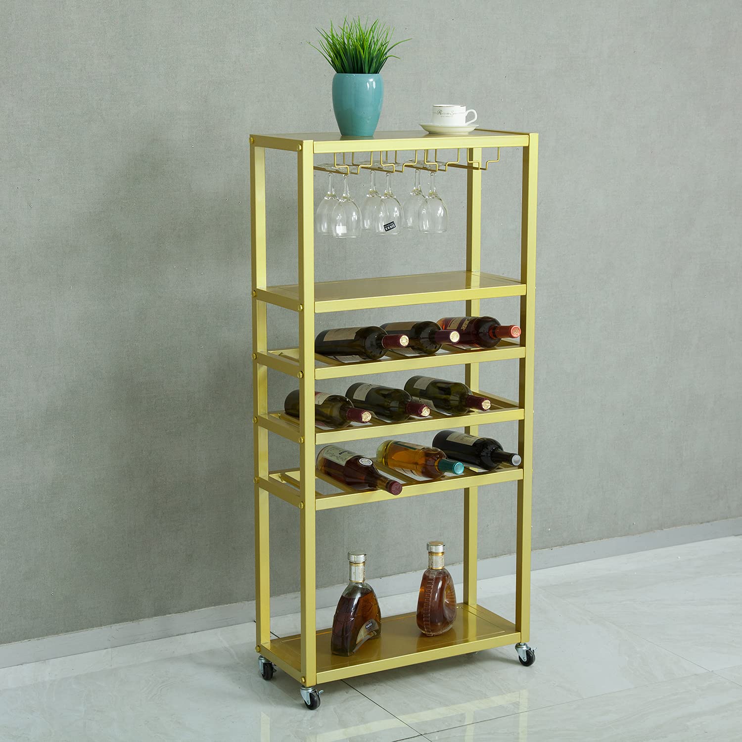 18 Bottles Metal Wine Rack 6-Tier Free Standing Wine Holder with Glass Holder, Heavy Duty Wine Bottle Organizer with Storage Shelf, Display Stand Rack with Wheels, Gold, 23.6''L x 9.8''W x 47.2''H