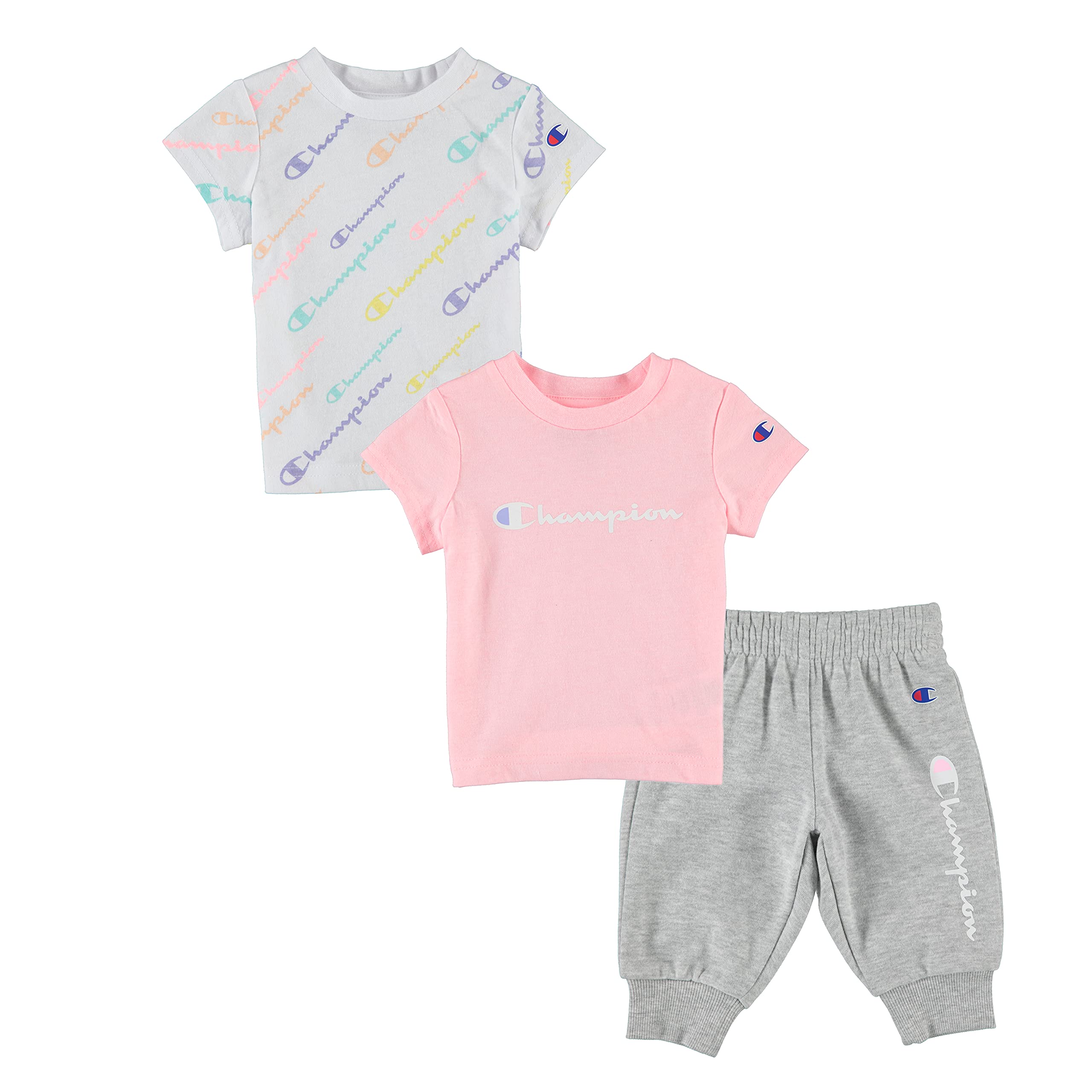 Champion Sets Baby Girl Newborn Two Tees and Fleece Pant 3 Piece Set Baby Clothes (White AOP SS/Pink Candy SS/Oxford Heather Fleece, 6-9 Months, 9_months)