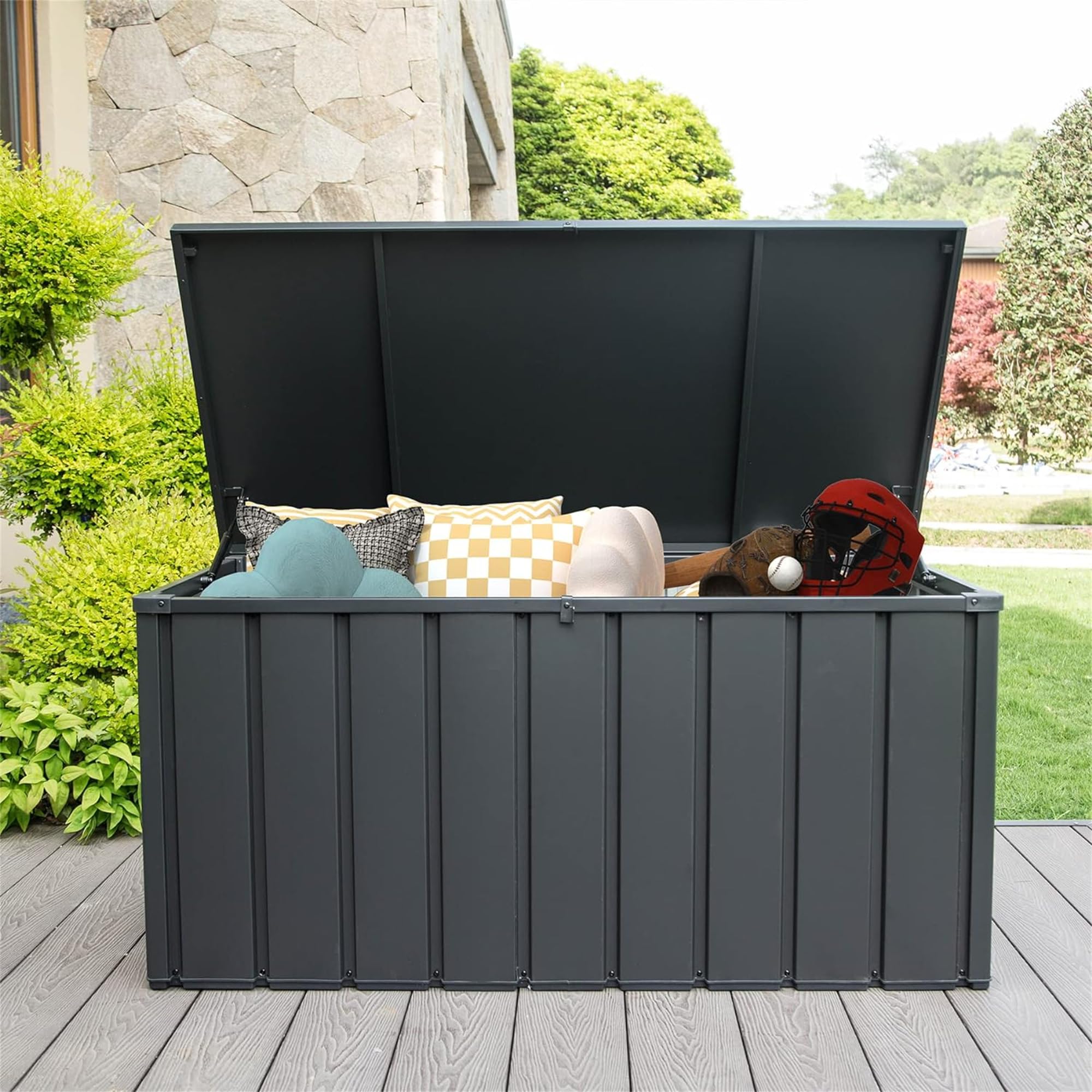120 Gallon Deck Box Large Steel Outdoor Storage Box Lockable Deck Storage Container for Patio Furniture Cushions Garden Tools Pool Supplies Dark Gray