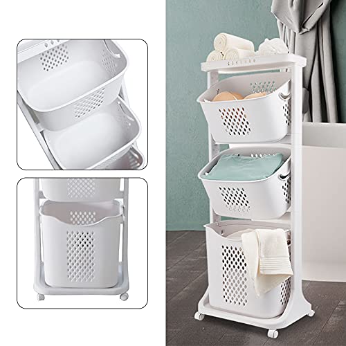 3 Tier Laundry Basket PP Material Laundry Basket with Wheels Laundry Basket Shelf with Two Kinds of Handles Clothes Baskets for Kitchen Bedroom Laundry Room Bathroom