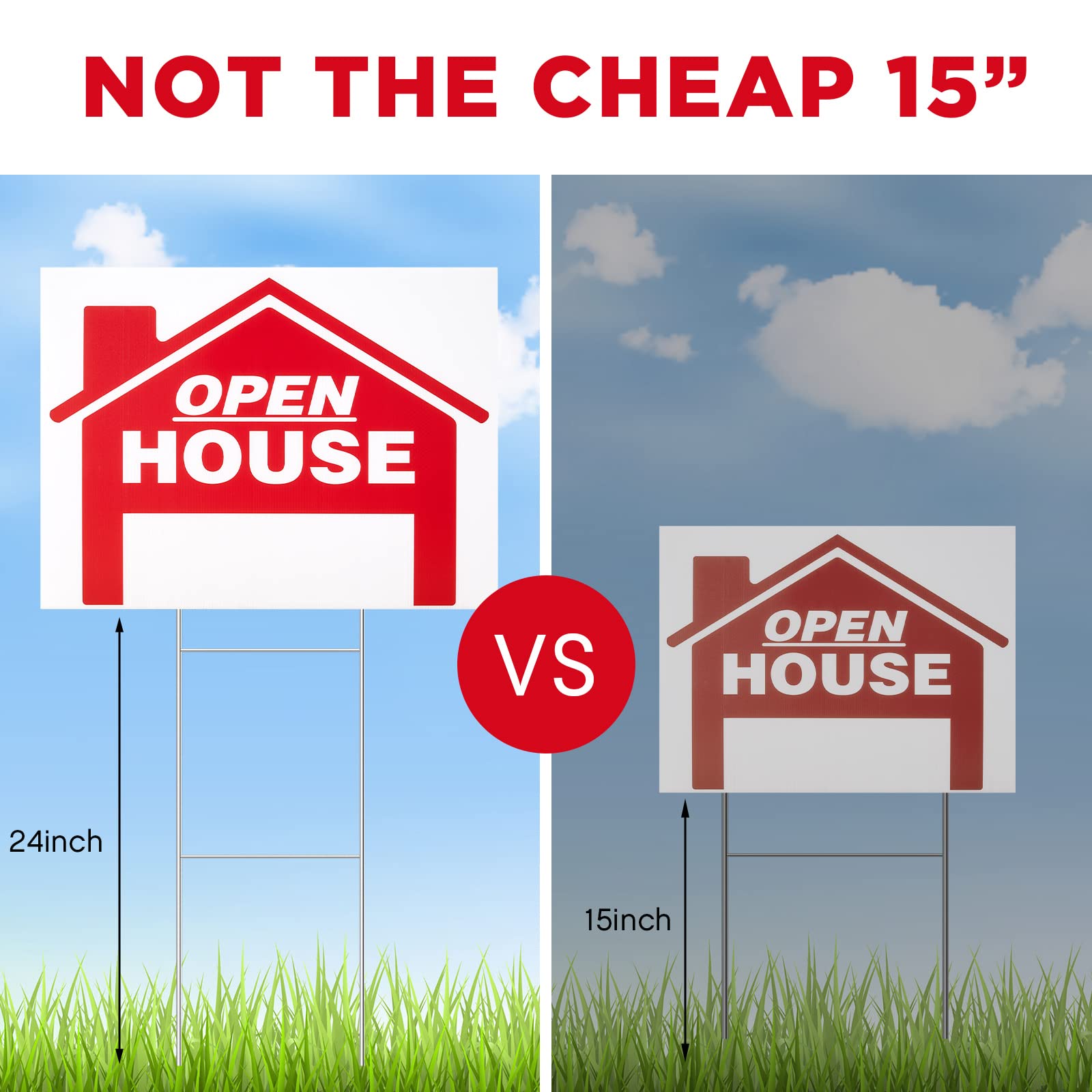 14 Pack 24 x 18 Inch Open House Sign Double Sided Real Estate Sign Posts Plastic Heavy Duty Open House Directional Open Yard Sign with Left Right Arrows 14 Pcs H Metal Stakes (Red)