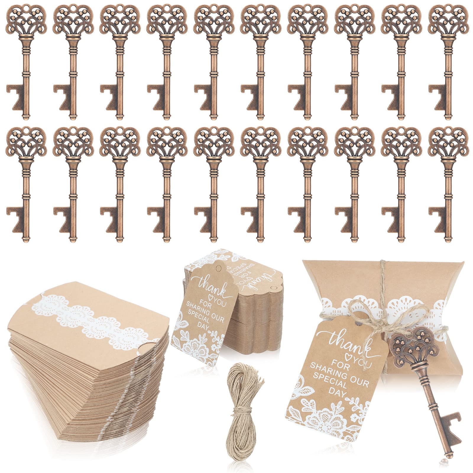 100 Sets Key Bottle Openers Wedding Favors for Guests Vintage Key Bottle Openers Bulk Rustic Wedding Favors Souvenir Gift with Thank You Tag and Jute Rope Lace Candy Box for Wedding Party Favors