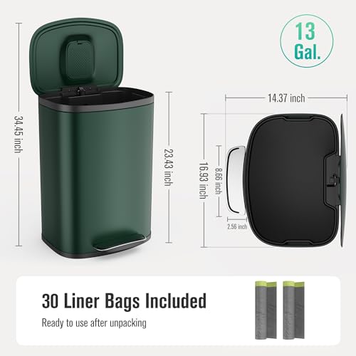 13 Gallon Stainless Steel Foot Pedal Large Trash Can with Soft Close Quiet Curved Surface Top Lid and Deodorant Storage Space, with 30 Garbage Bags for Kitchen/Home/Office Trash can and More - Green