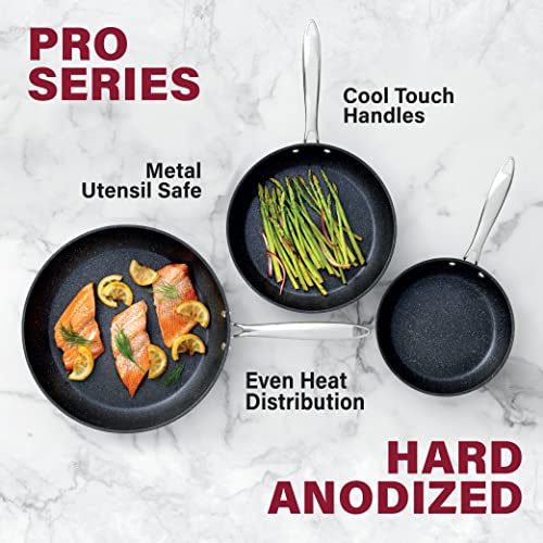 Granitestone Pro Hard Anodized Set | Skillet 8β, 10β & 12β Cookware, 100% PFOA Free, Oven, Dishwasher & Metal Utensil Safe, Ultra Nonstick Frying Pans, 3 Piece, Black (Stainless Handles)