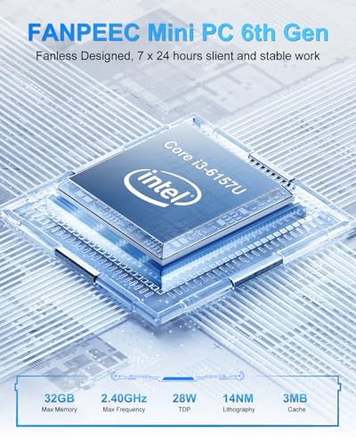 FANPEEC Fanless Mini PC Core i3 6157U, Industrial PC Windows 10 Pro 64GB RAM 512GB SSD 1TB HDD, WiFi 5, BT 4.2, 8 x USB 2.0, 2 x Ethernet Ports, 2 x HD Mini Desktop Computers