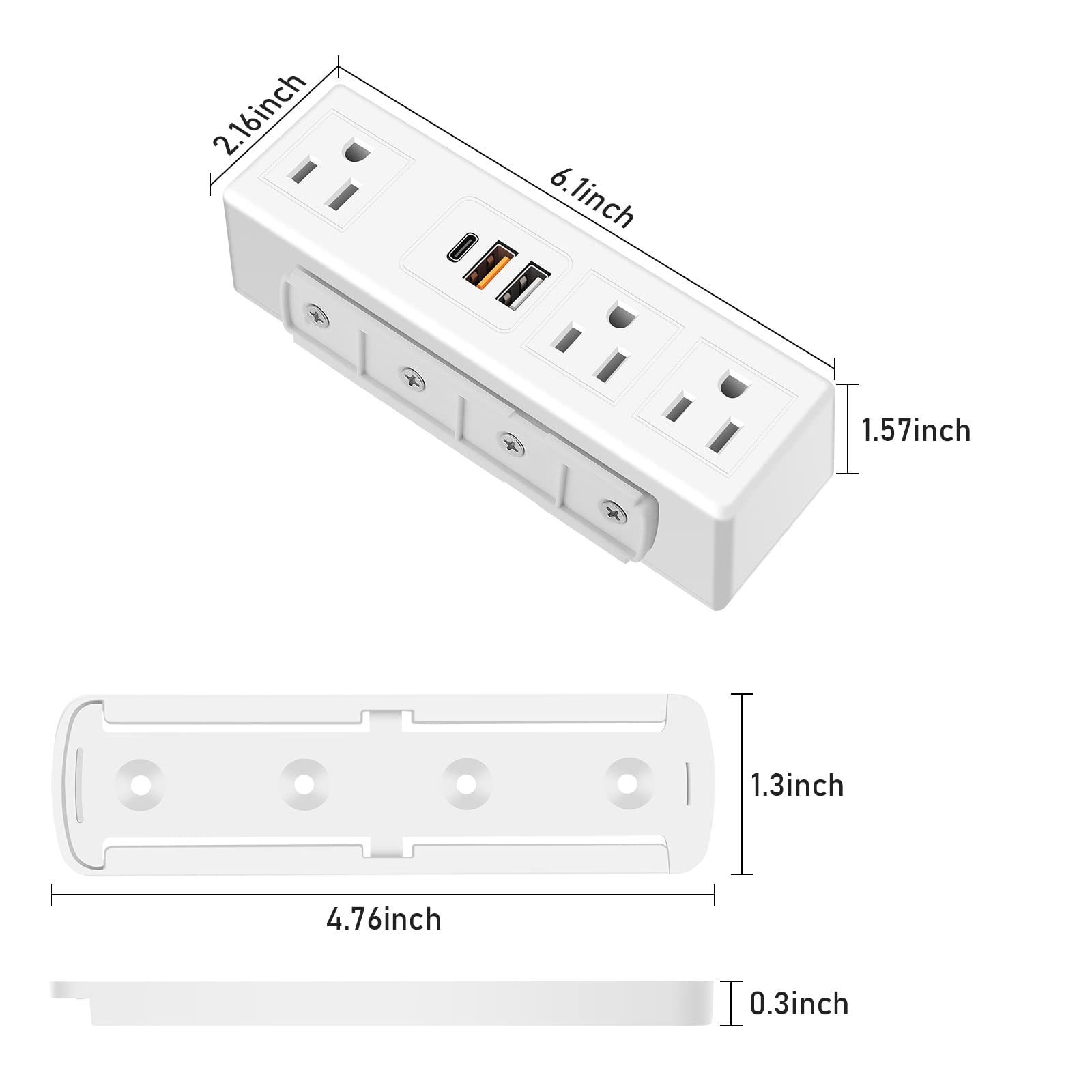 10FT Under Desk Power Strip, Adhesive Wall Mount Power Strip with USB C,Desktop Power Outlets, Removable Mount Multi-Outlets with 3 Outlets & 2 USB-A Ports &1 USB-C Port
