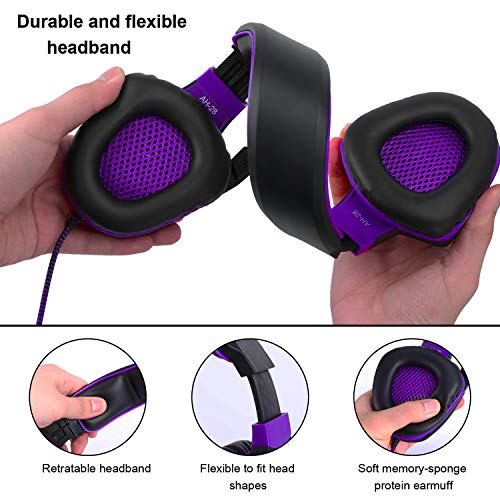 Anivia Gaming Headset Bass Surround Sound Stereo PS4 PS5 Headset with Microphone Volume Control Noise Canceling Mic Over-Ear Headphones Compatible for PS4 Xbox one Laptop PC Mac Purple