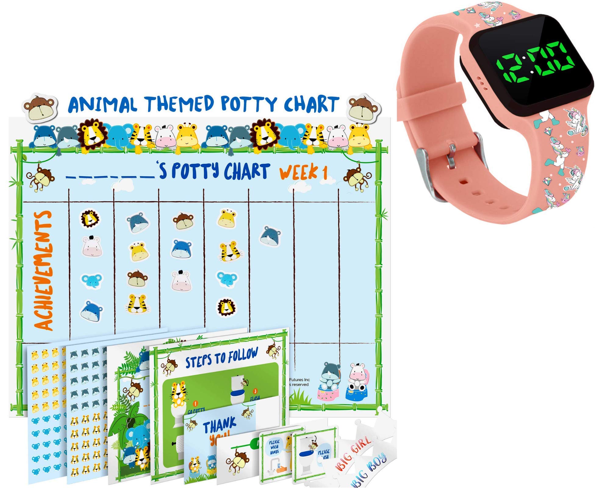 ATHENA FUTURES Potty Training Timer Watch With Flashing Lights And Music Tones - Unicorn Pattern and Potty Training Chart for Toddlers - Fun Animal Design