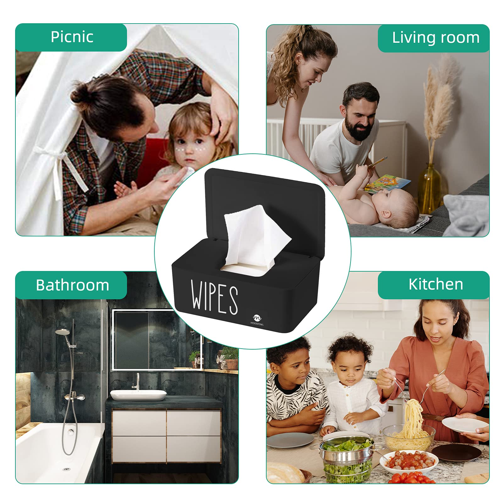 Moorfowl Baby Wipe Dispenser for Bathroom, Upgarde Design(8.2L x 4.9W x 3.9H inches), Minimalist Wipes Holder Container Flushable (Black-New)