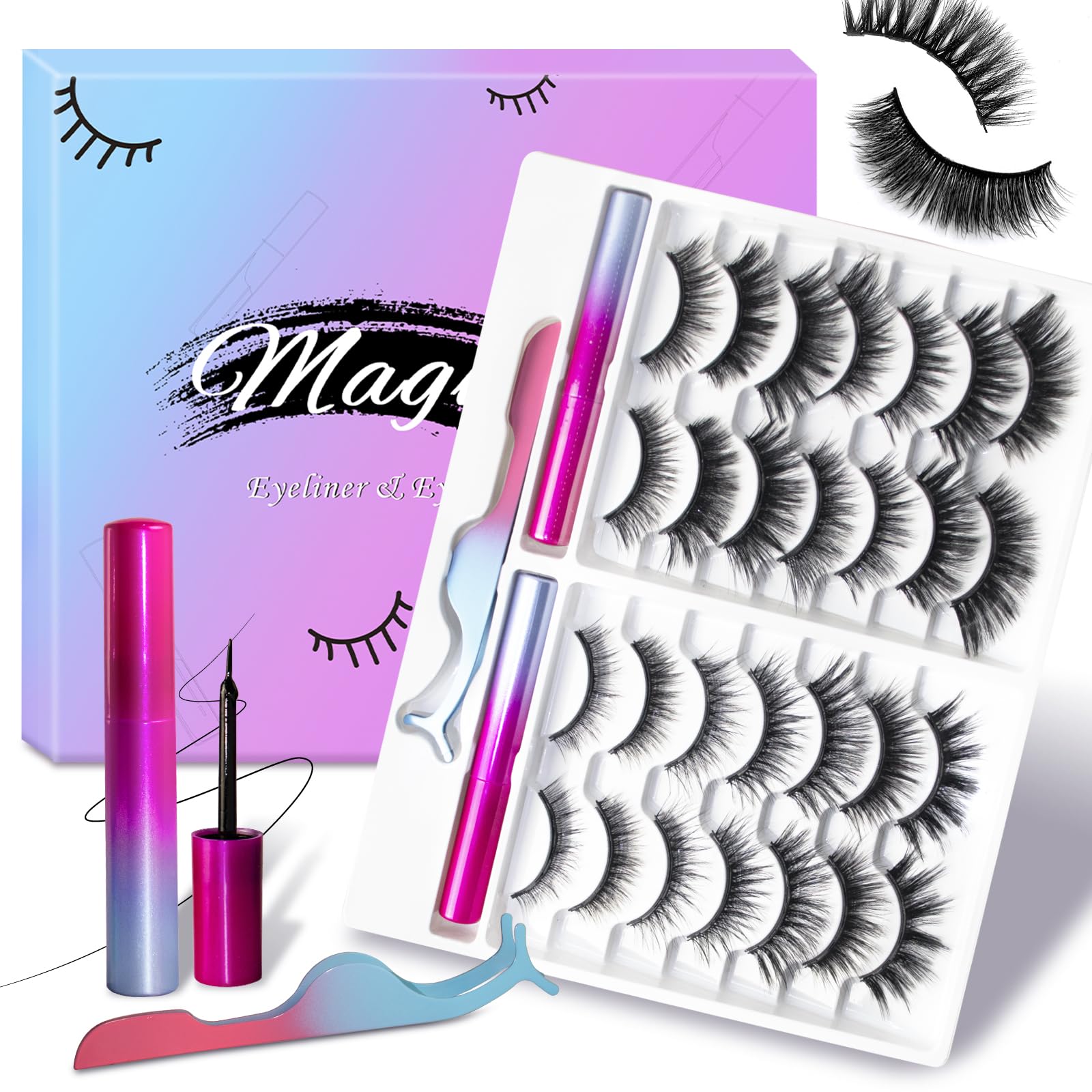 14 Pairs Magnetic Eyelashes and Eyeliner Kit, Long-lasting False Eyelashes with Magnetic Eyeliner & Tweezers, Reusable Magnetic lashes Natural Look, No Glue Needed