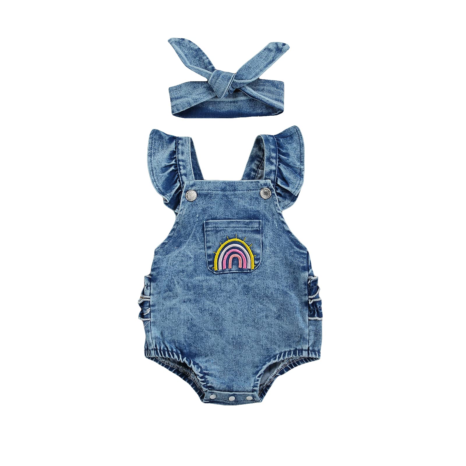Fanvereka Newborn Baby Girls Rainbow Rompers Sleeveless Summer Ruffle Bodysuit Denim Rib Jumpsuit Headwear 2pcs Outfit Set (Blue, 3-6 Months)
