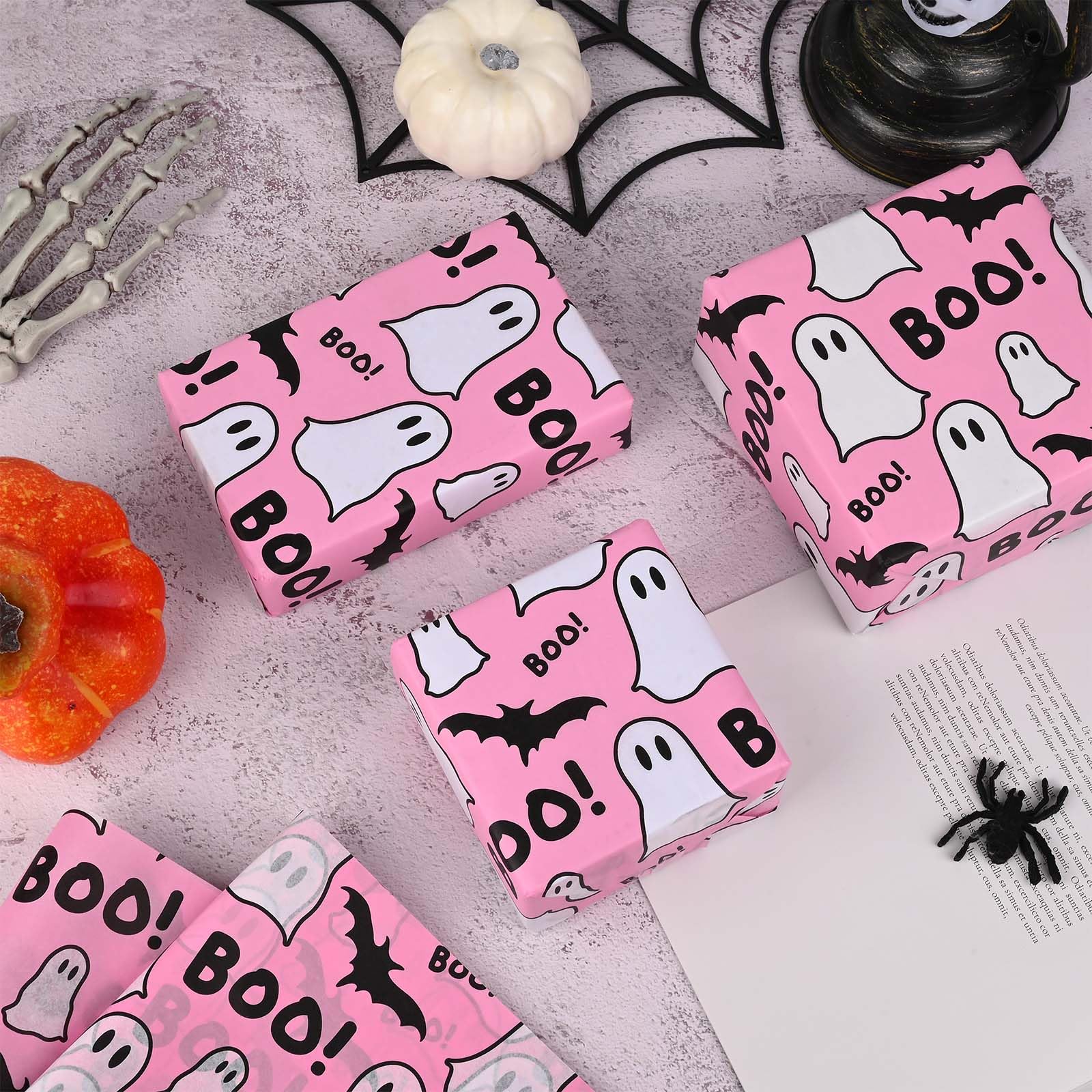 100 Sheets 20 * 14 Inches Pink Ghost and Boo Tissue Paper Halloween Bat Ghost Printed Tissue Paper for Birthday Party Baby Shower Halloween Party DIY Craft