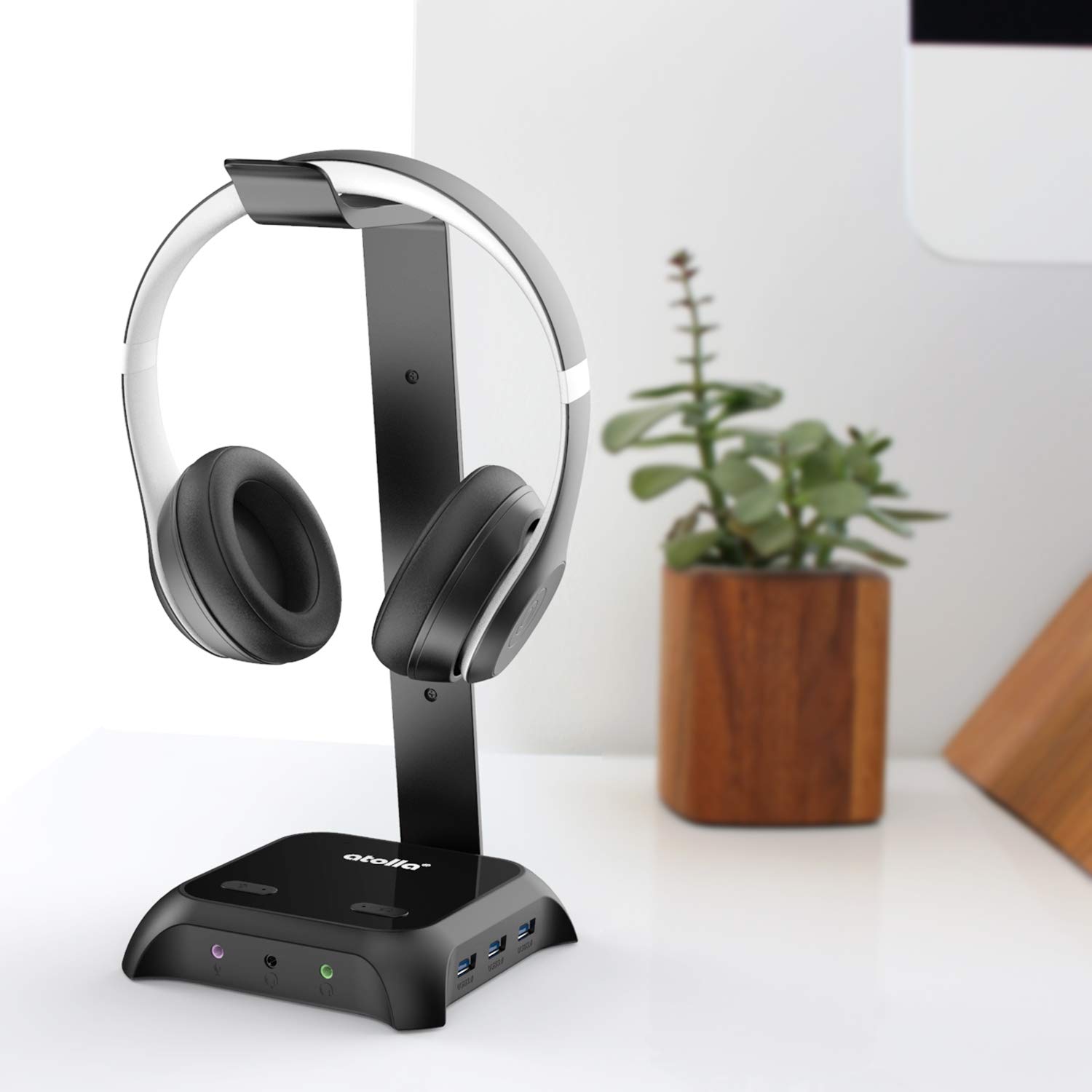 atolla USB Hub, USB 3.0 Hub with Headphone Stand, Powered USB Hub with 3 USB 3.0 Ports and 3 USB Charging Ports, 3.5mm AUX Ports with On/Off Switches, and 12V/2.5A Power Adapter