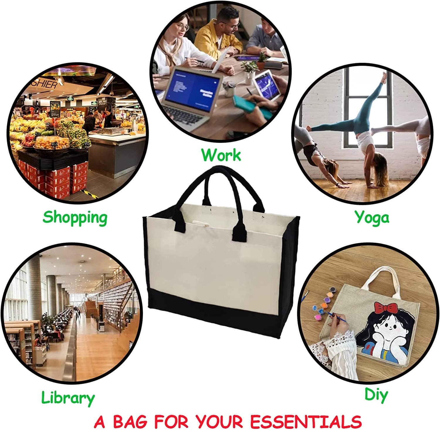 14oz Thicken Canvas Tote Bag, Heavy Duty Reusable Big Shopping Bag with Interior Waterproof Coating, Initial Tote Bag for DIY Patterns, Women, Wedding or Teacher Appreciation Gift