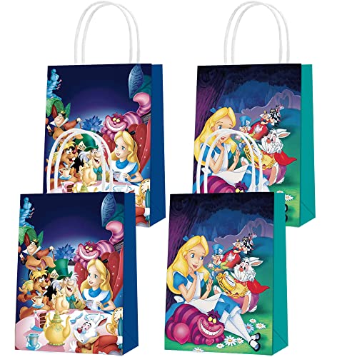 16 Pcs Alice in Wonderland Party Paper Gift Bags, 2 Styles Party Favor Bags with Handles for Alice in Wonderland Party Decorations, Goody Bags Candy Gift Bags for Girls Boys Birthday Party Supplies Favors