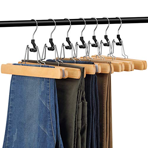 AMKUFO 12 Pack Natural Wooden Pants Hangers with Clips Non Slip Skirt Hangers Trouser Clamp Hanger Solid Wood Hanger with 360° Swivel Hook