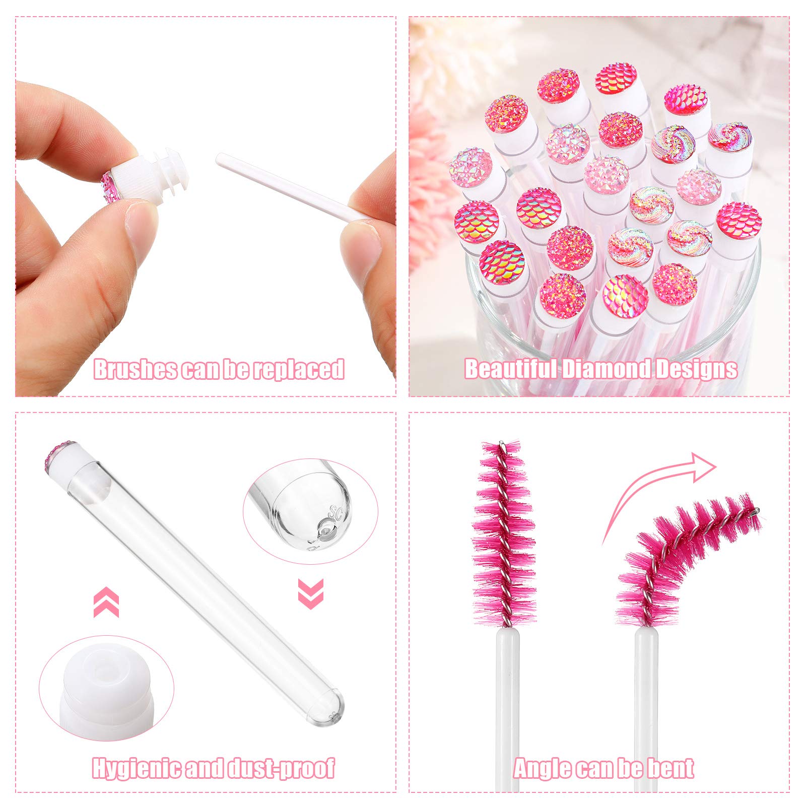 80 Pieces Disposable Mascara Brushes Tubes Set, 40 Diamond Empty Mascara Wand Tube with 40 Eyelash Brush Spoolies Makeup Tool for Eyelash Extension(Pink)
