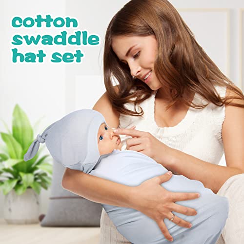 4 Set Newborn Swaddle and Headband Set Cotton Swaddle Hat Set Wrap Receiving Stretchy Swaddle Blankets Swaddle and Bow Set Newborn Beanie Newborn Hat and Swaddle (Light Green, Gray, Pink, Light Khaki)
