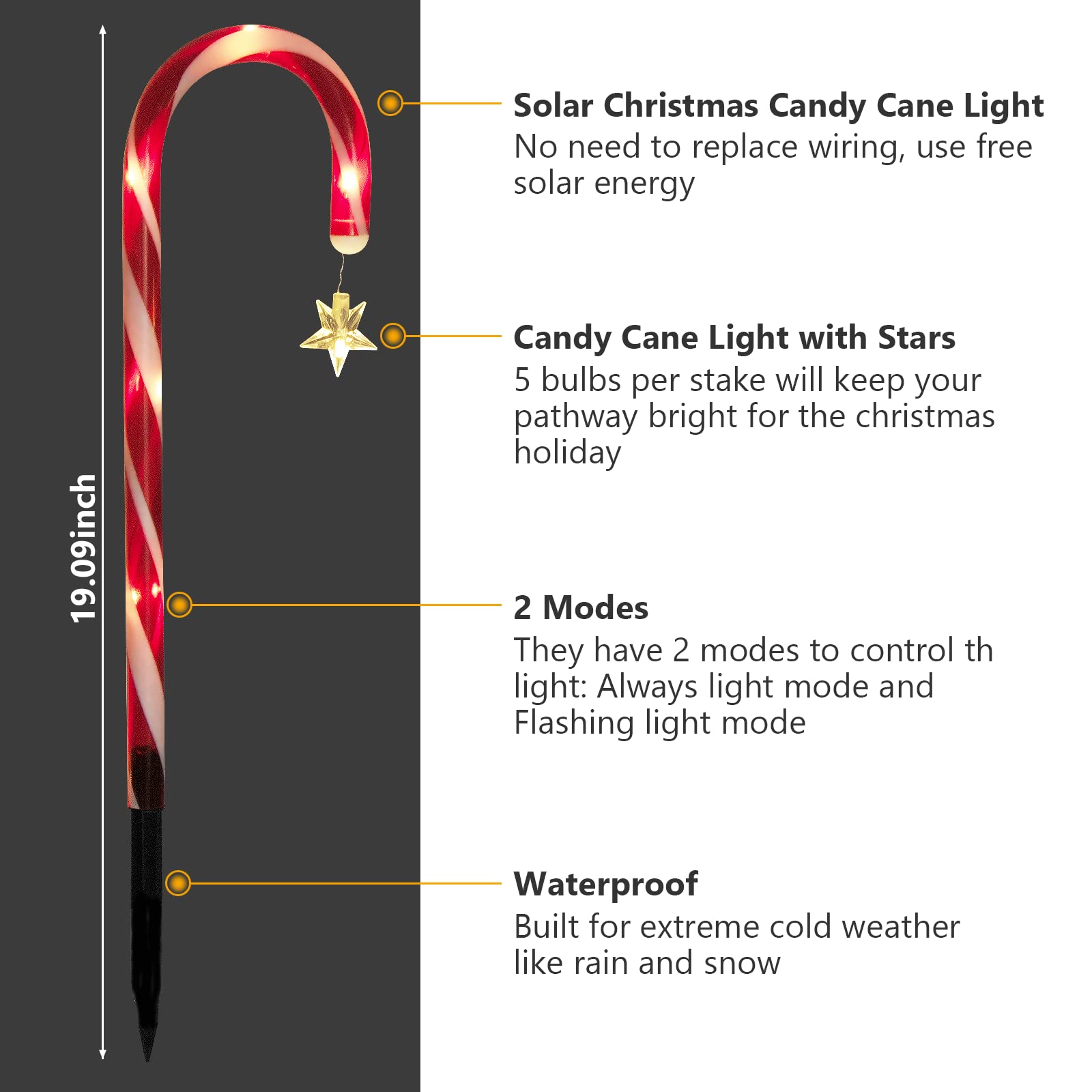 20 Pack Christmas Decorations Outdoor Solar Candy Cane Lights Pathway Markers Lights with Star for Walkway, Driveway, Lawn, Yard, Garden, Home Decoration