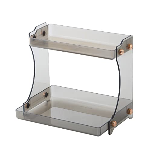 2 Layers Clear Countertop Makeup Organizer and Storage, Cosmetic Storage Tray, Vanity Trays Holder, Perfume Display Rack, Nail Polish Organizer, Assemble Easily, Hard Shell, Elegant, Gray