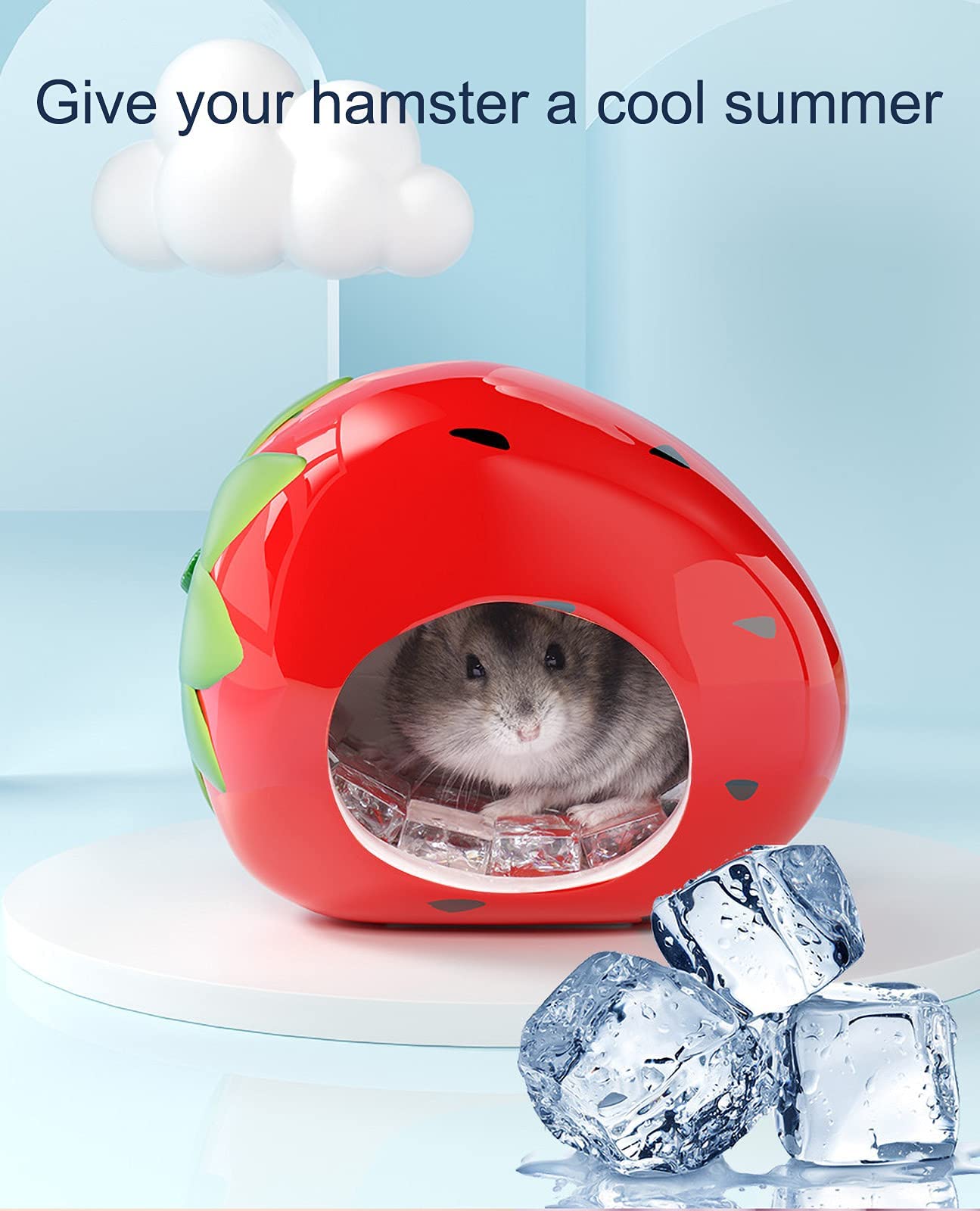 A/A Hamster Hideout Ceramic Pet House Cartoon Shape Hamster House Mini Hut Cage Critter Bath House for Chinchilla Hamster (Strawberry)