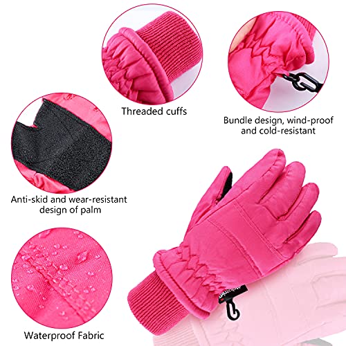 2 Pairs Kids Winter Ski Gloves Waterproof Warm Snow Mittens Full Finger Gloves for Toddlers Infants (Black, Rose Red, 5-10 Years)