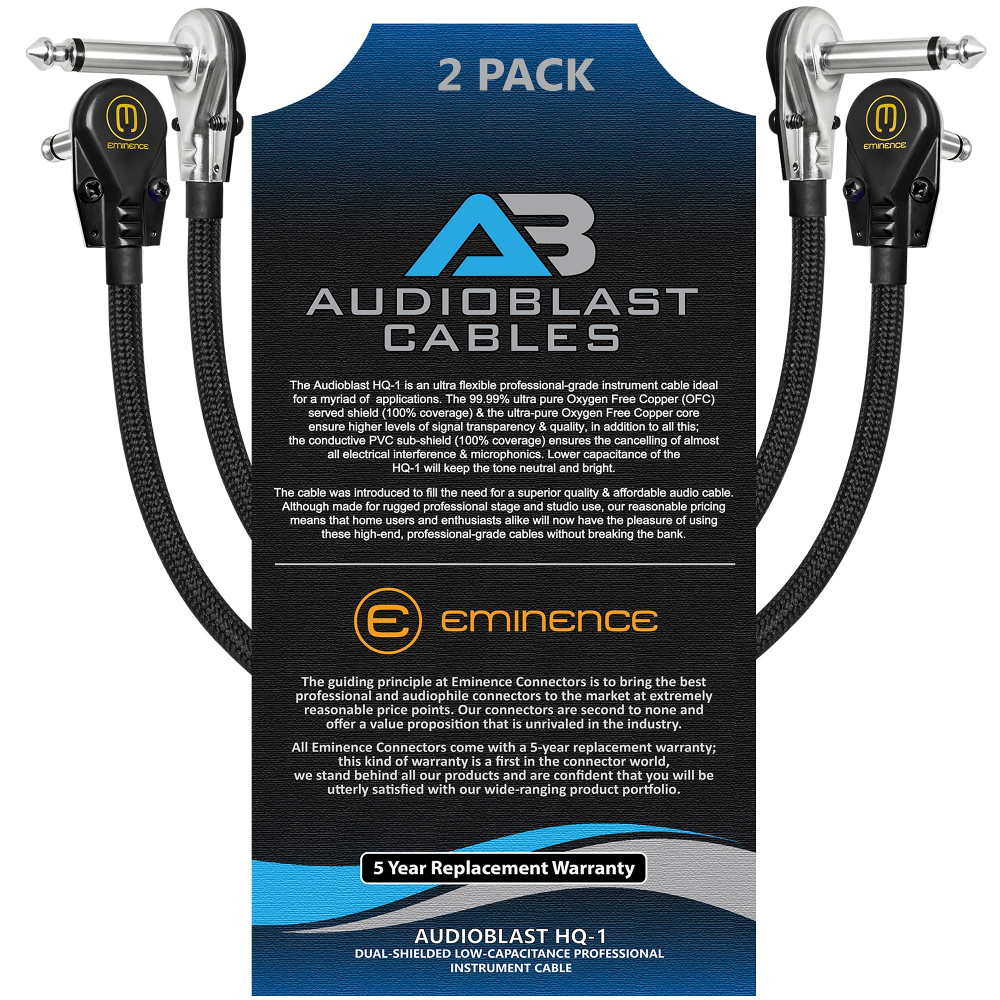 2 Units - 15 Inch - Audioblast HQ-1-BRAID(Black)-Flexible-Dual Shielded(100%)-Instrument Effects Pedal Patch Cable w/ ¼ inch (6.35mm) Low-Profile, R/A Pancake Type TS Connectors & Dual Staggered Boots