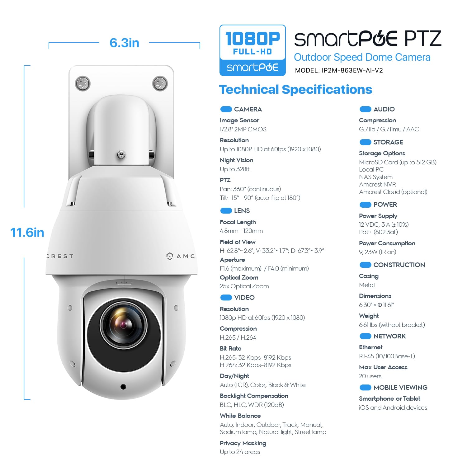 Amcrest 2MP Outdoor PTZ POE + IP Camera Pan Tilt Zoom (Optical 25x Motorized) POE+ Camera Security Speed Dome, CMOS Image Sensor, 328ft Night Vision, POE+ (802.3at) F1.6, IP66, IP2M-863EW-AI-V2