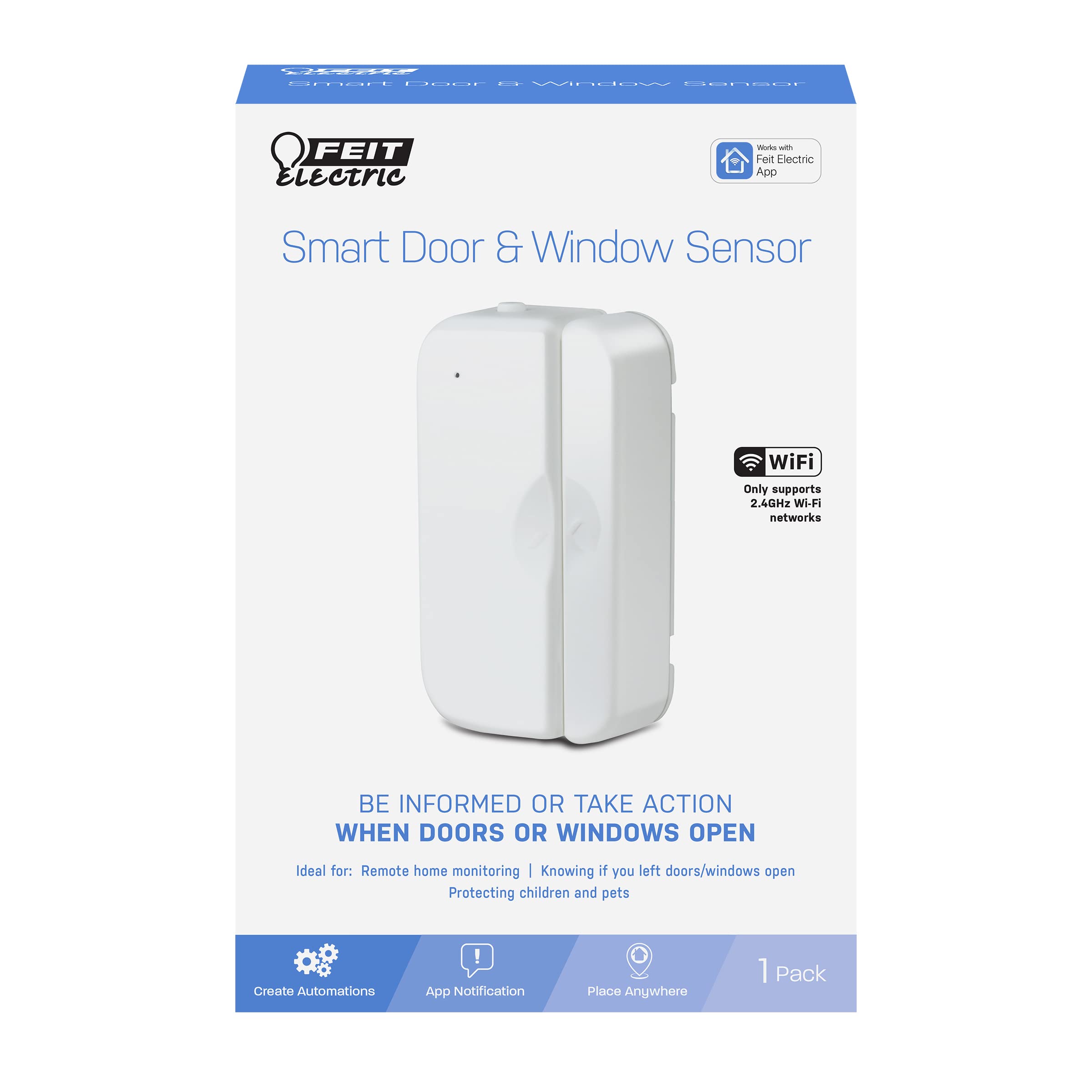 Feit Electric Smart WiFi Door and Window Sensor, Battery Powered, 2.4GHz No Hub Required, Remote Home Monitoring, Not Compatible with Other Security Systems, MOT/Door/WiFi/BAT