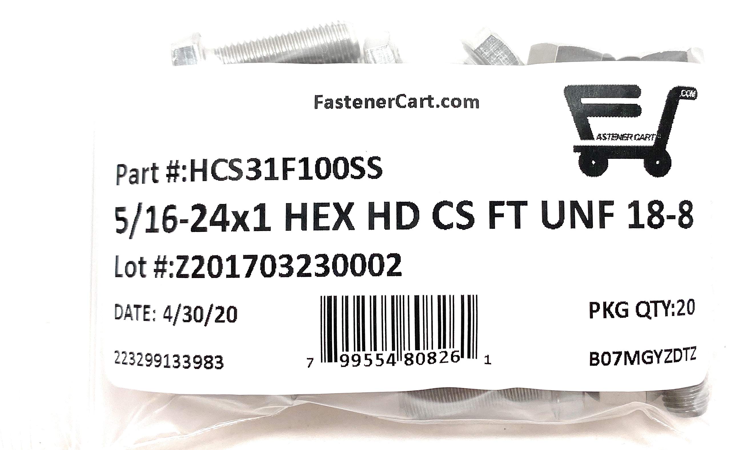 5/16-24x1 Stainless Steel Hex Cap Screws FT Hex Bolts 18-8 (UNF) FINE Thread (20 pcs)