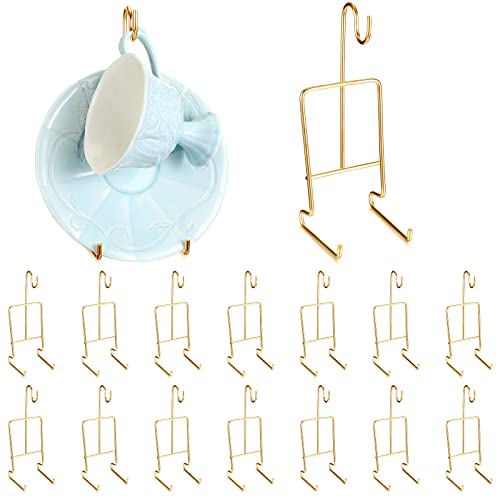 16 Pcs Small Tea Cup and Saucer Display Stand Holder Rack China Metal Cup Saucer Holder Gold Tea Cup Holder Cup and Saucer Display Shelf Coffee Mug Organizer for Tea Cup Plate Teapot