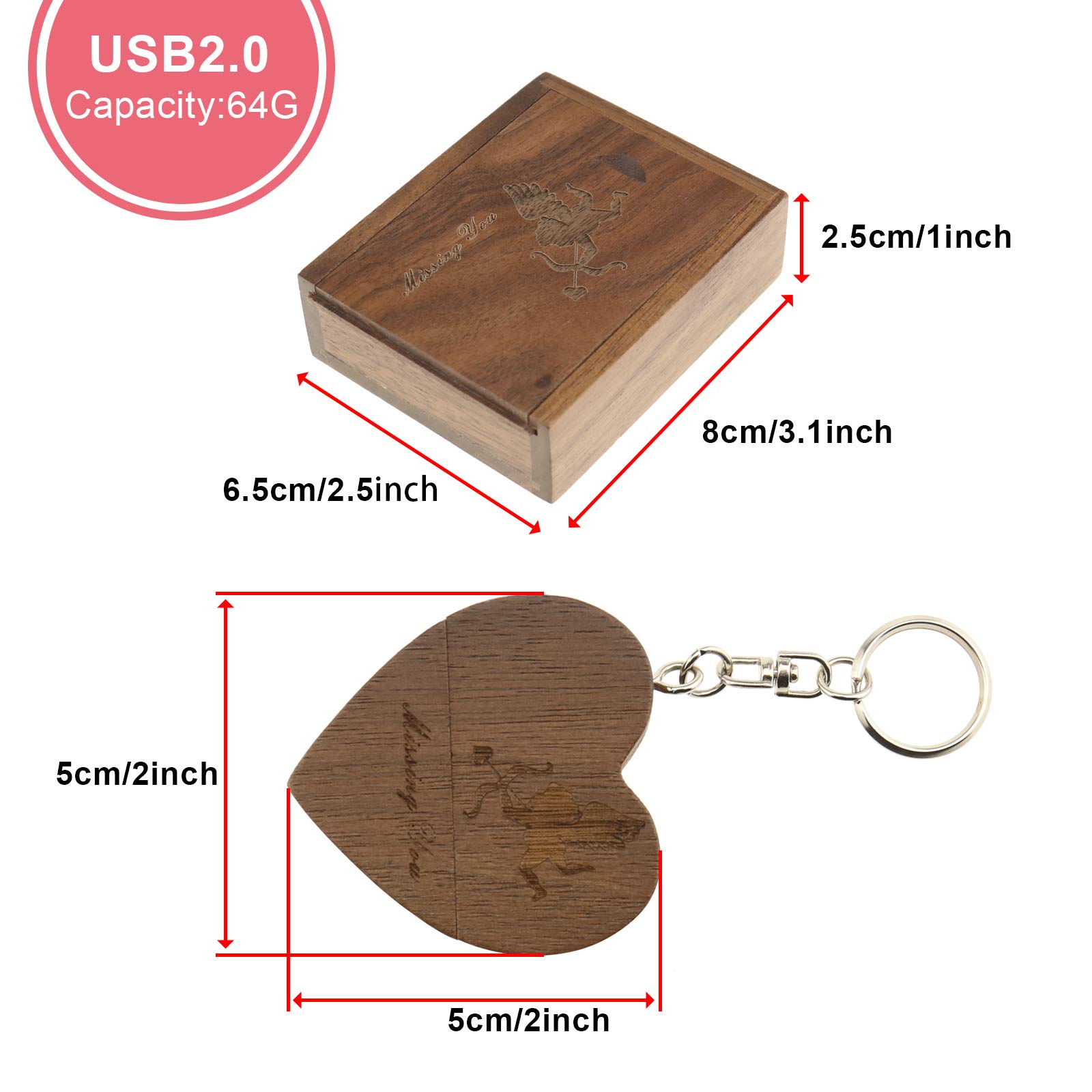 64GB Wooden Heart Shape USB Flash Drive with Gift Box Girl Boy Friend Valentine's Day
